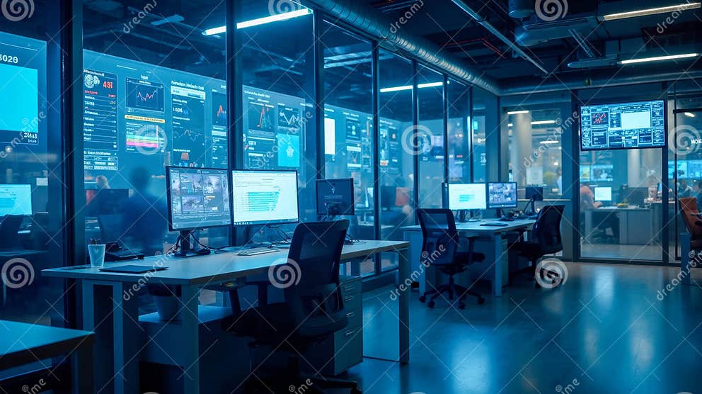 High-tech Office Space Featuring Numerous Monitors, Large Digital ...