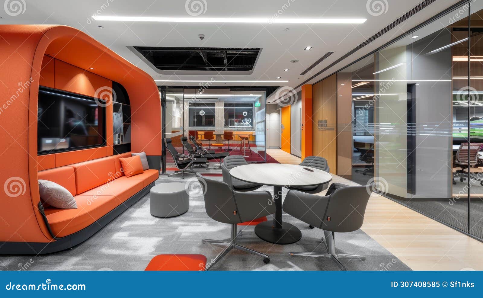 High-tech Office Space Featuring Private Orange Booths and Contemporary ...