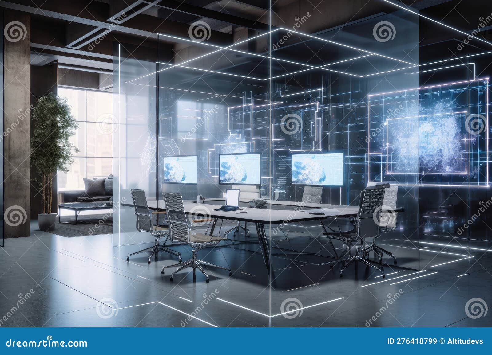 High-tech Open Office with Holographic Conference Room and Floating ...