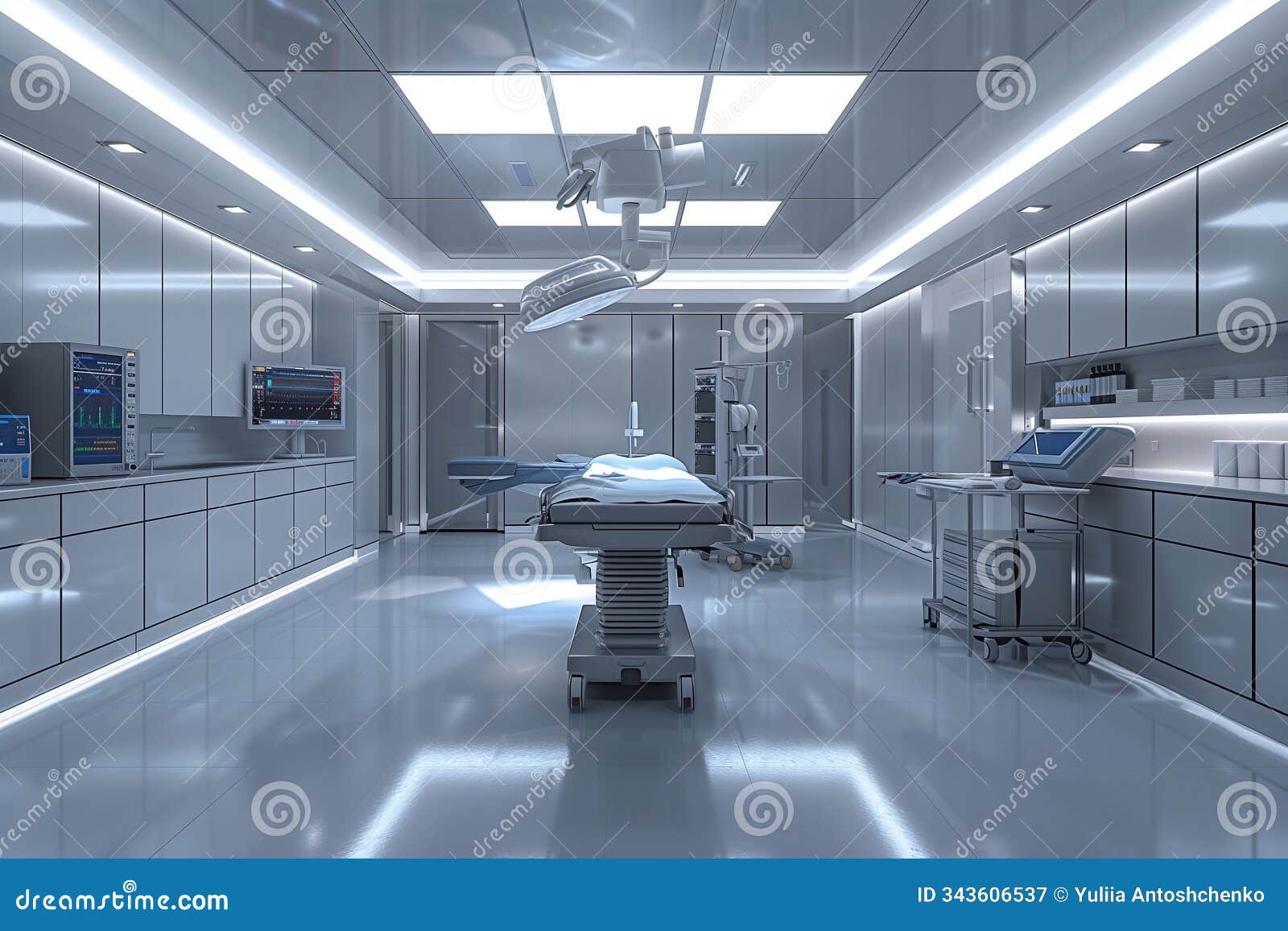 High Tech Operating Room with a Surgical Table and Medical Instruments ...