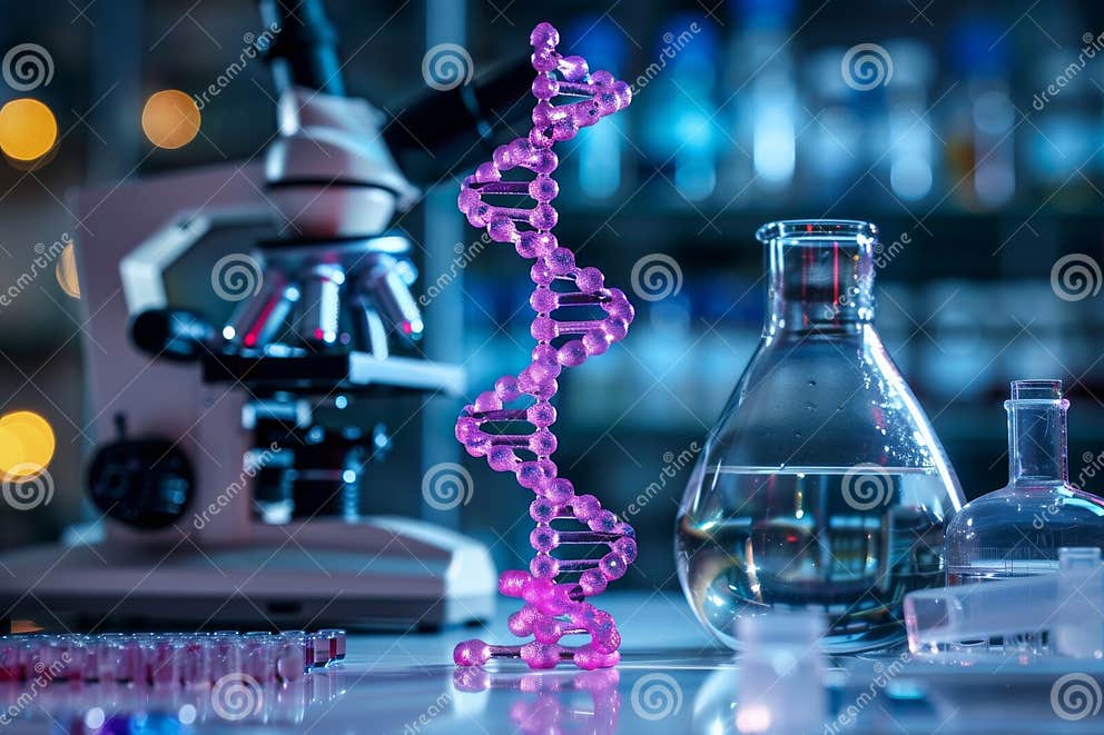 High Tech Pink DNA Structure on a Microscope Stage, Blending Scientific ...
