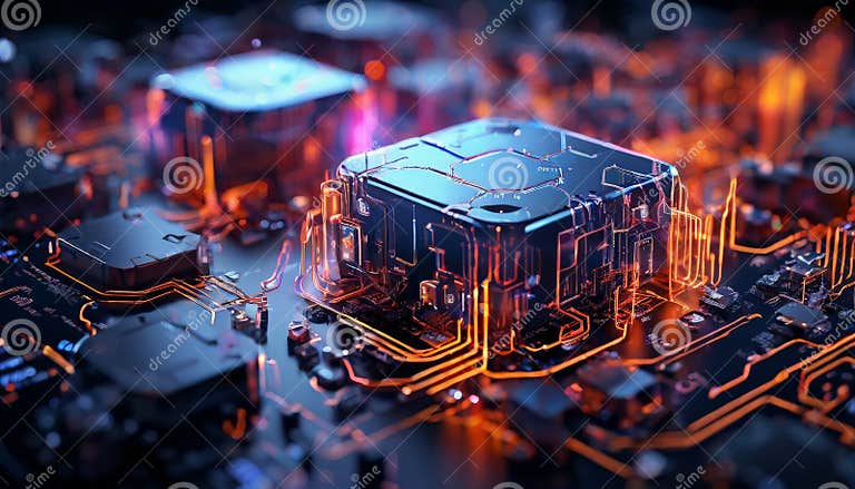 High-tech Processor on a Glowing Circuit Board with Vibrant Connections ...