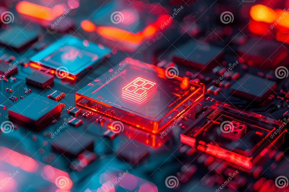 High Tech Processor with Glowing Circuits on a Motherboard ...