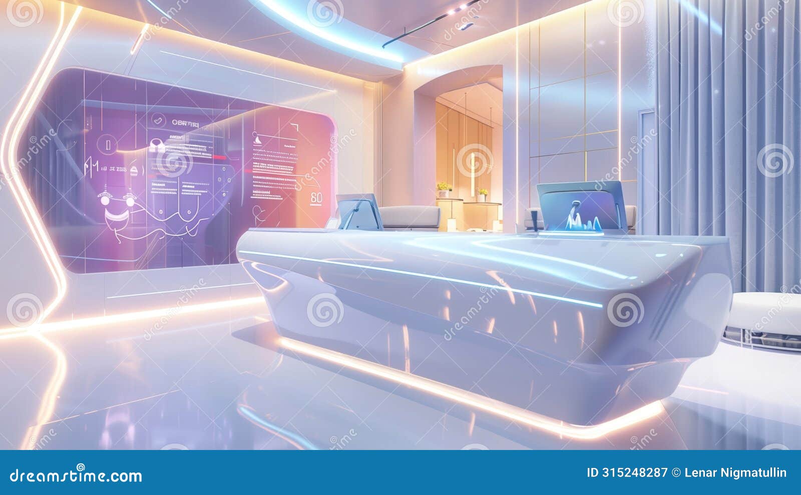 High-tech Reception Area with Holographic Displays and Neon Lights ...