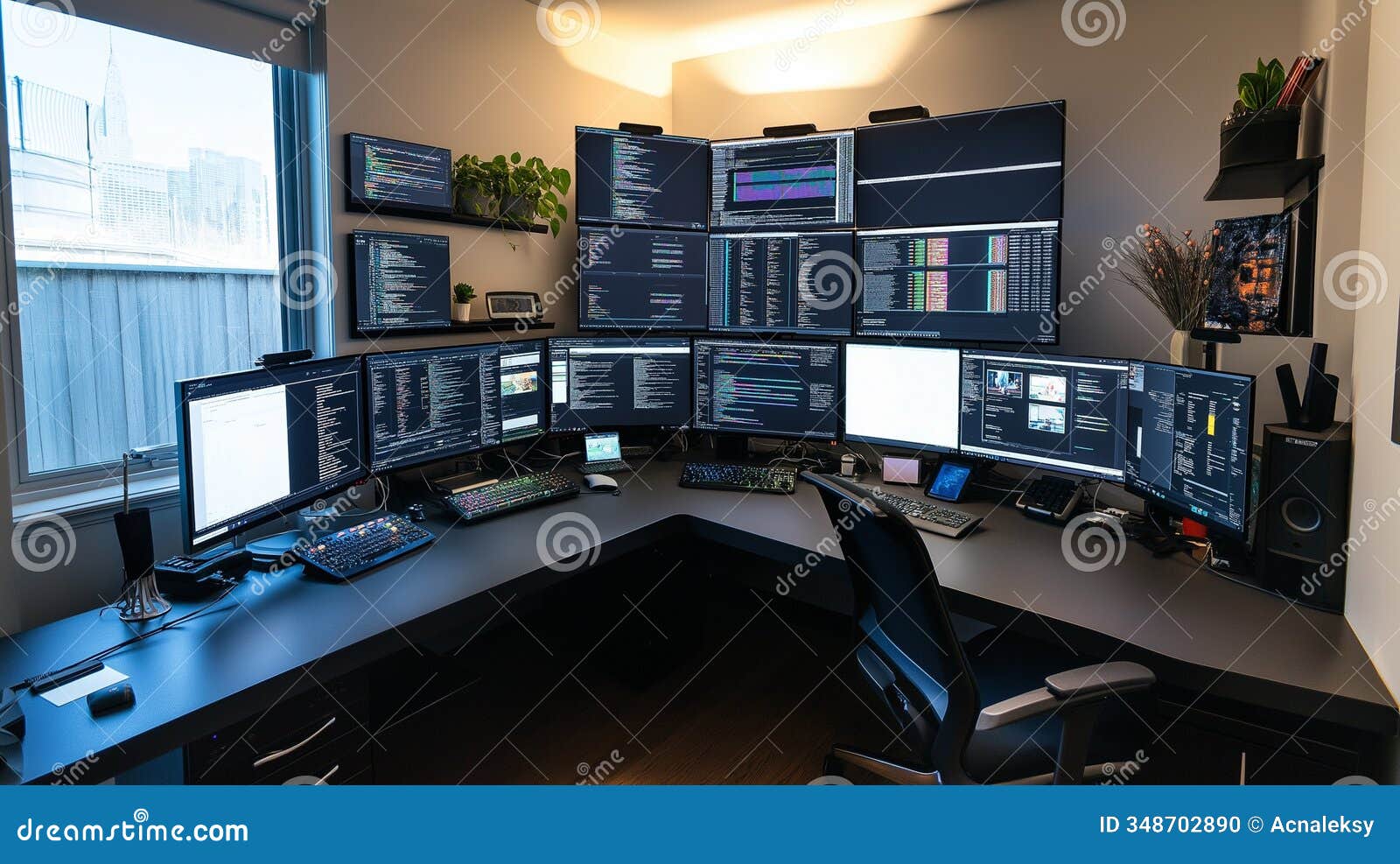 High-tech Remote Workspace Setup with Multiple Monitors, Ambient ...