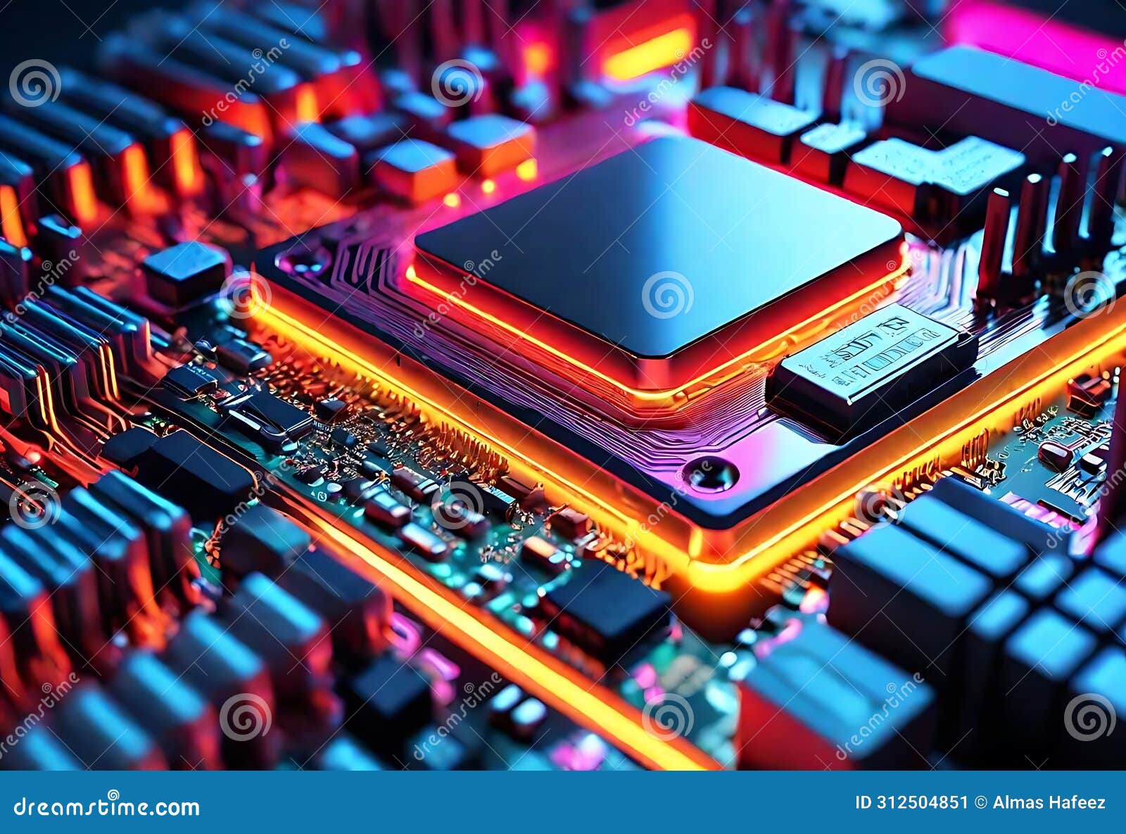 High Tech RGB Glowing Neon Motherboard of CPU Stock Illustration ...