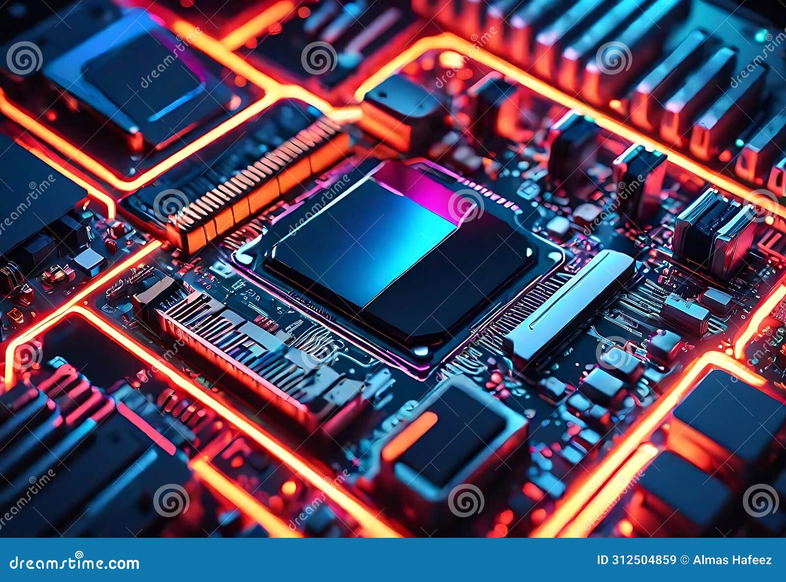 High Tech RGB Glowing Neon Motherboard of CPU Stock Illustration ...