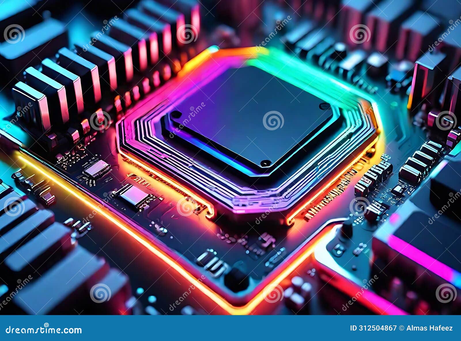 High Tech RGB Glowing Neon Motherboard of CPU Stock Illustration ...
