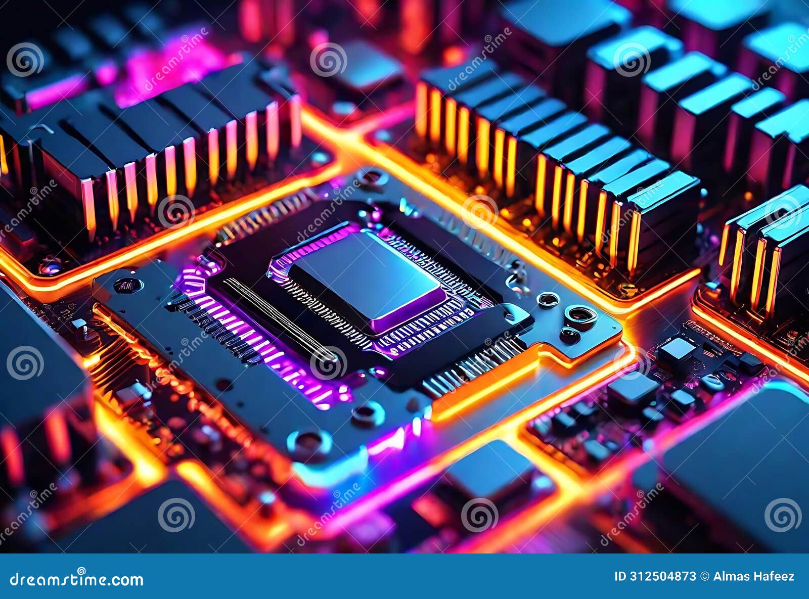 High Tech RGB Glowing Neon Motherboard of CPU Stock Illustration ...