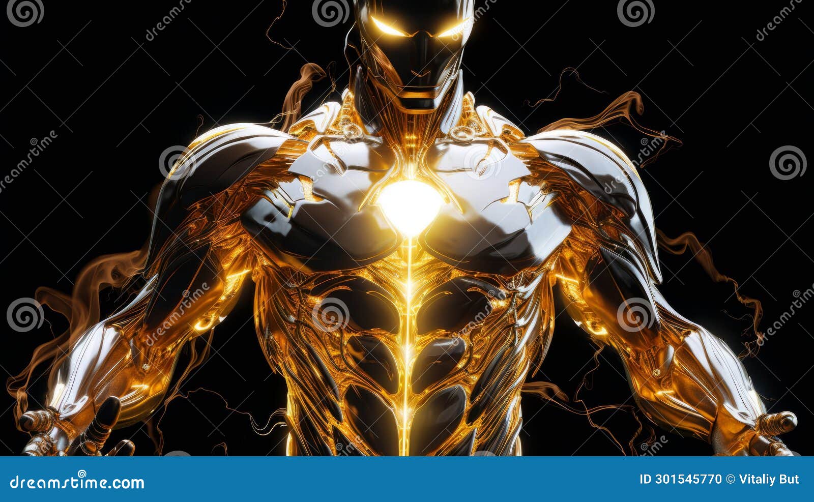 High-tech Robot with Golden Energy Splash in the Form of Lightning, AI ...