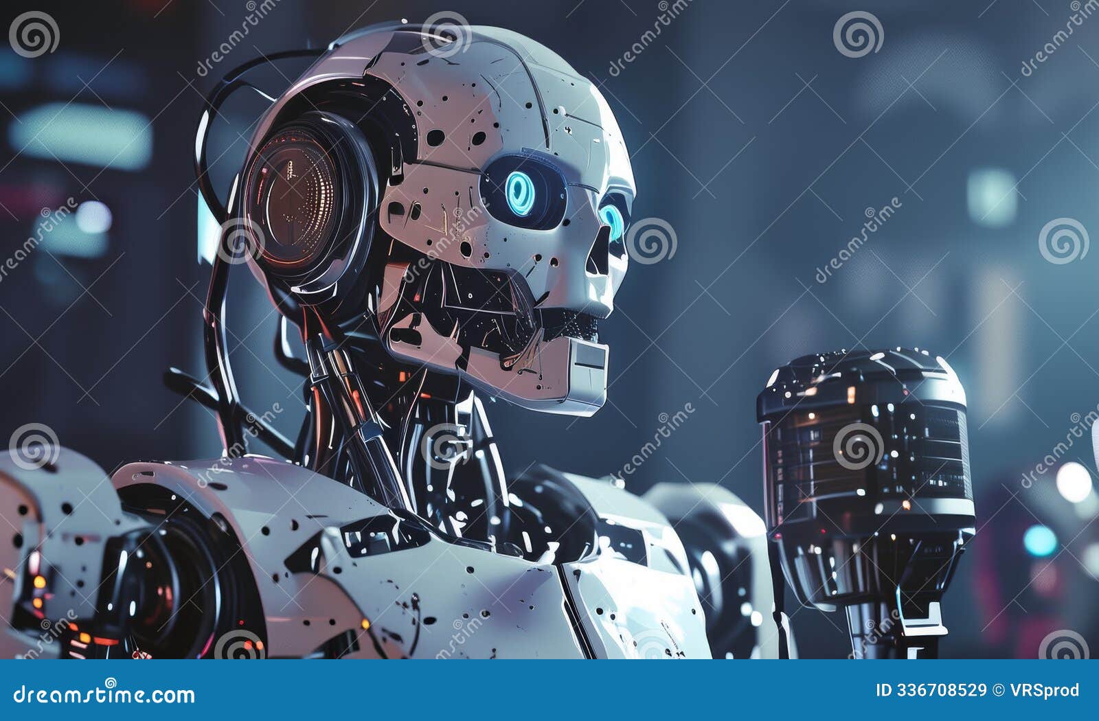 Futuristic Robot Singing into Microphone in Neon-lit Environment Stock ...