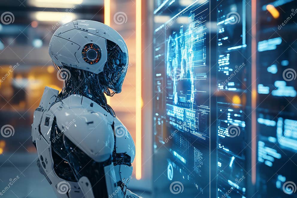 High Tech Robot Interacting with a Complex Digital Interface Stock ...