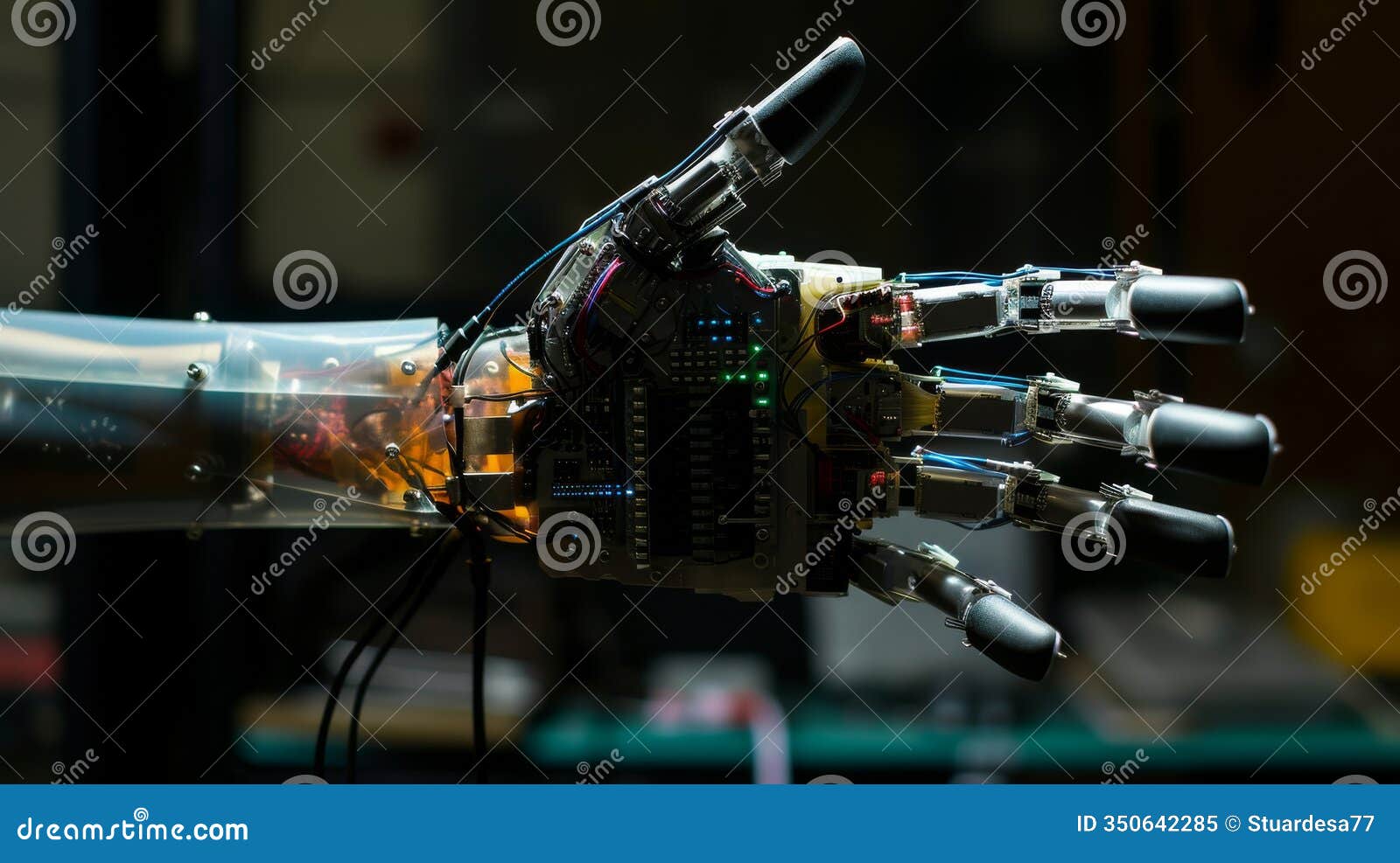 High-tech Robotic Hand with Visible Electronics in Lab Setting Stock ...