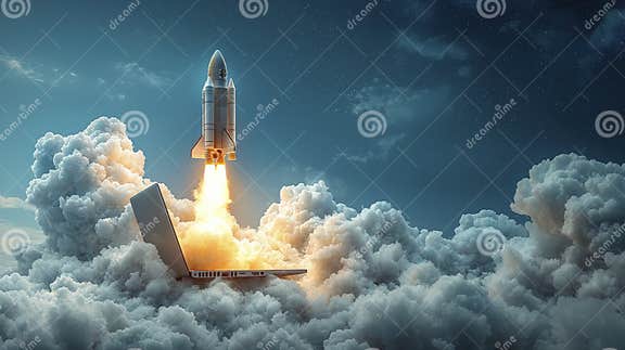 High-tech Rocket Soaring from a Digital Laptop Stock Illustration ...