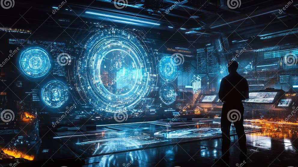 High-Tech Room with Large Holographic Display Stock Photo - Image of ...