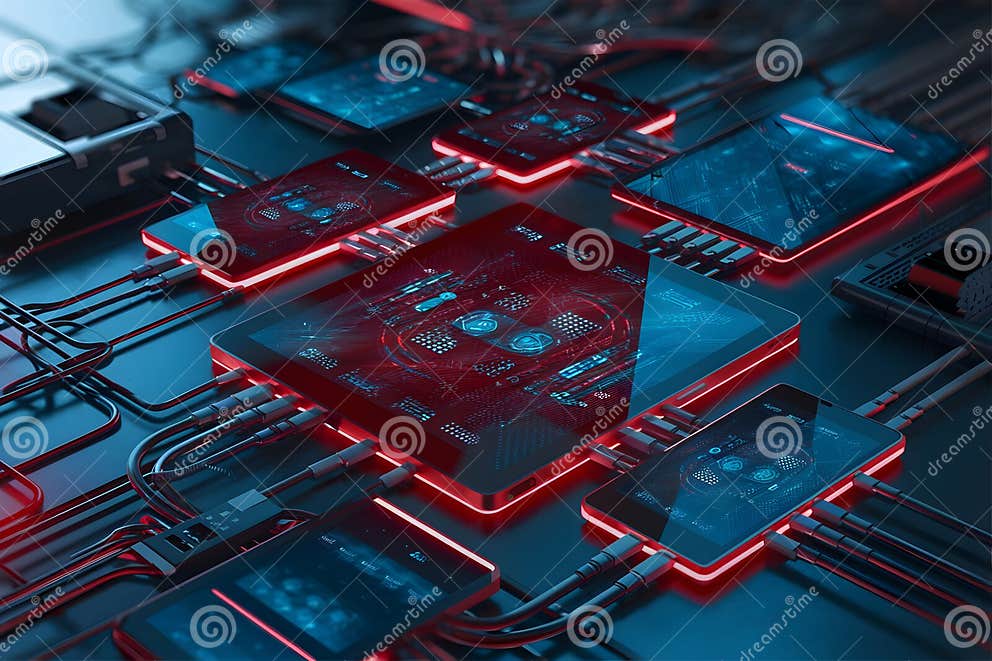 High Tech Scene of Interconnected Devices Glowing Red and Blue with ...