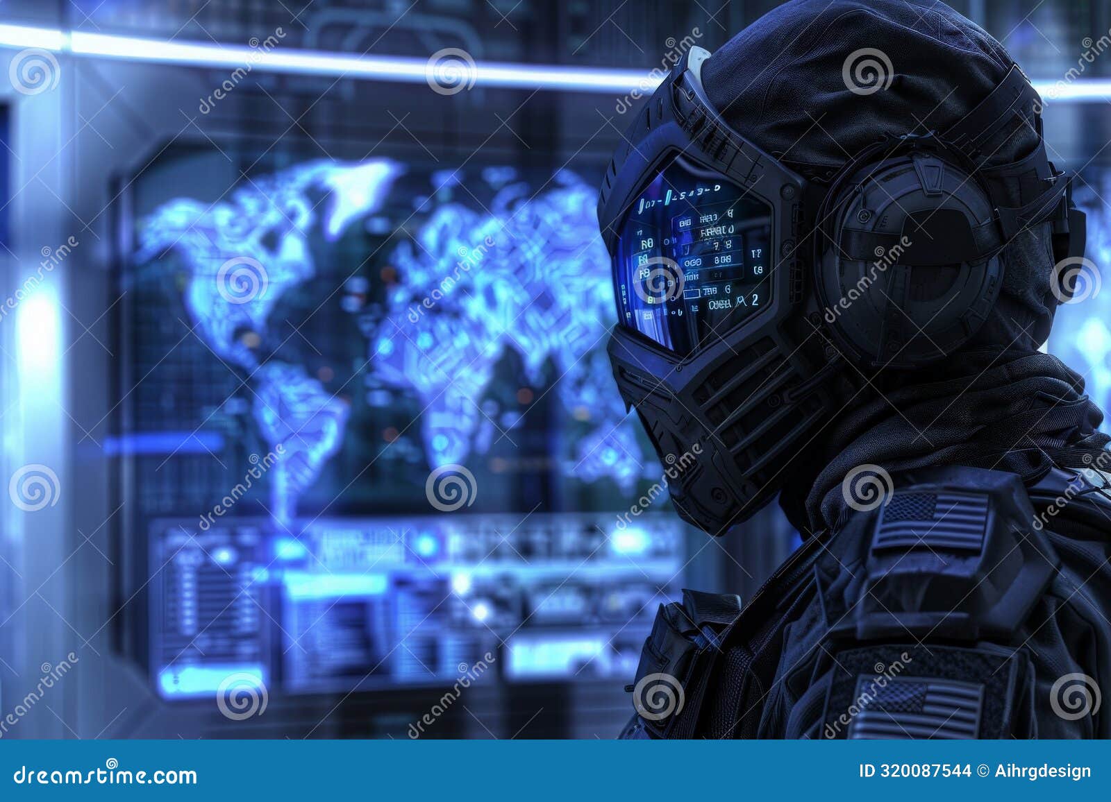 Futuristic Security Operative Monitors Global Maps in High-Tech Control ...