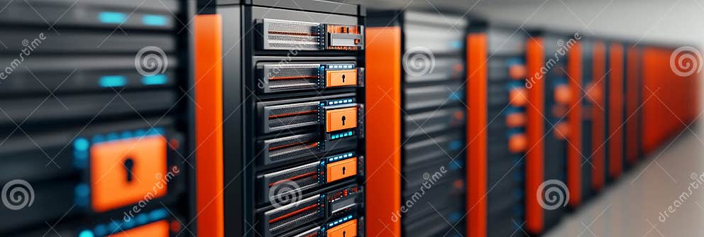 High Tech Server Rack Glowing with Digital Padlock Symbols ...