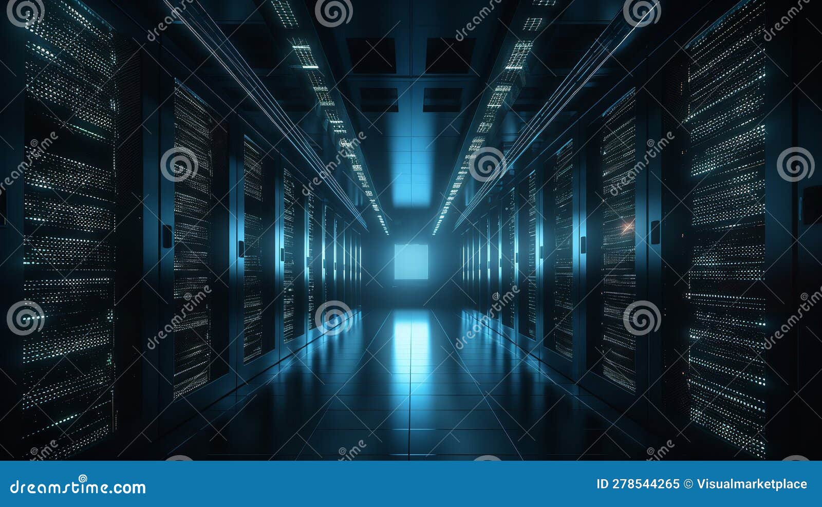 High Tech Server Room with Blue Lights Stock Illustration ...