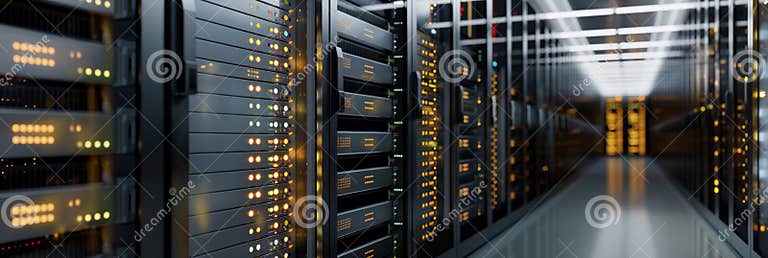 High-tech Server Room Data Center with Rows of Computer Racks Storing Vast Amounts of ...