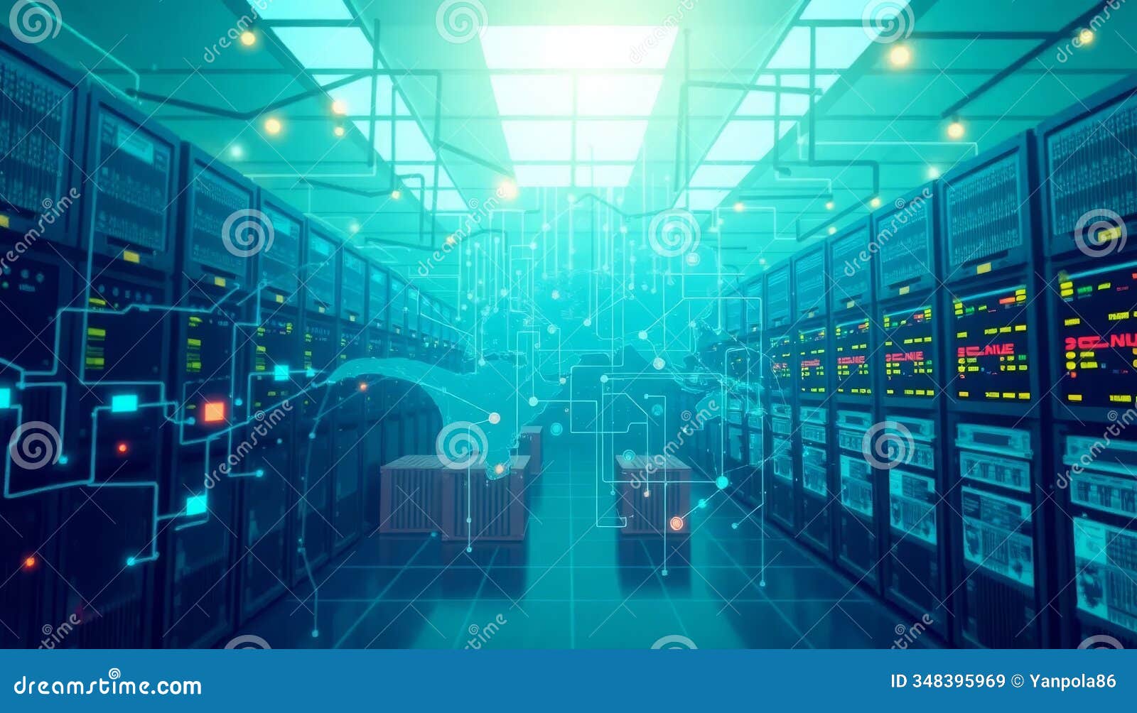 High-tech Server Room with Digital Cloud and Network Connections Stock ...