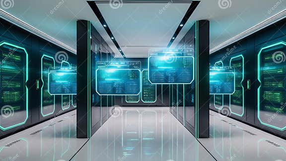 High Tech Server Room with Floating Holographic Interfaces Displaying ...
