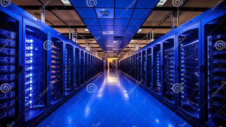 High-tech Server Room with Glowing Blue Lights Showcasing Advanced Data ...