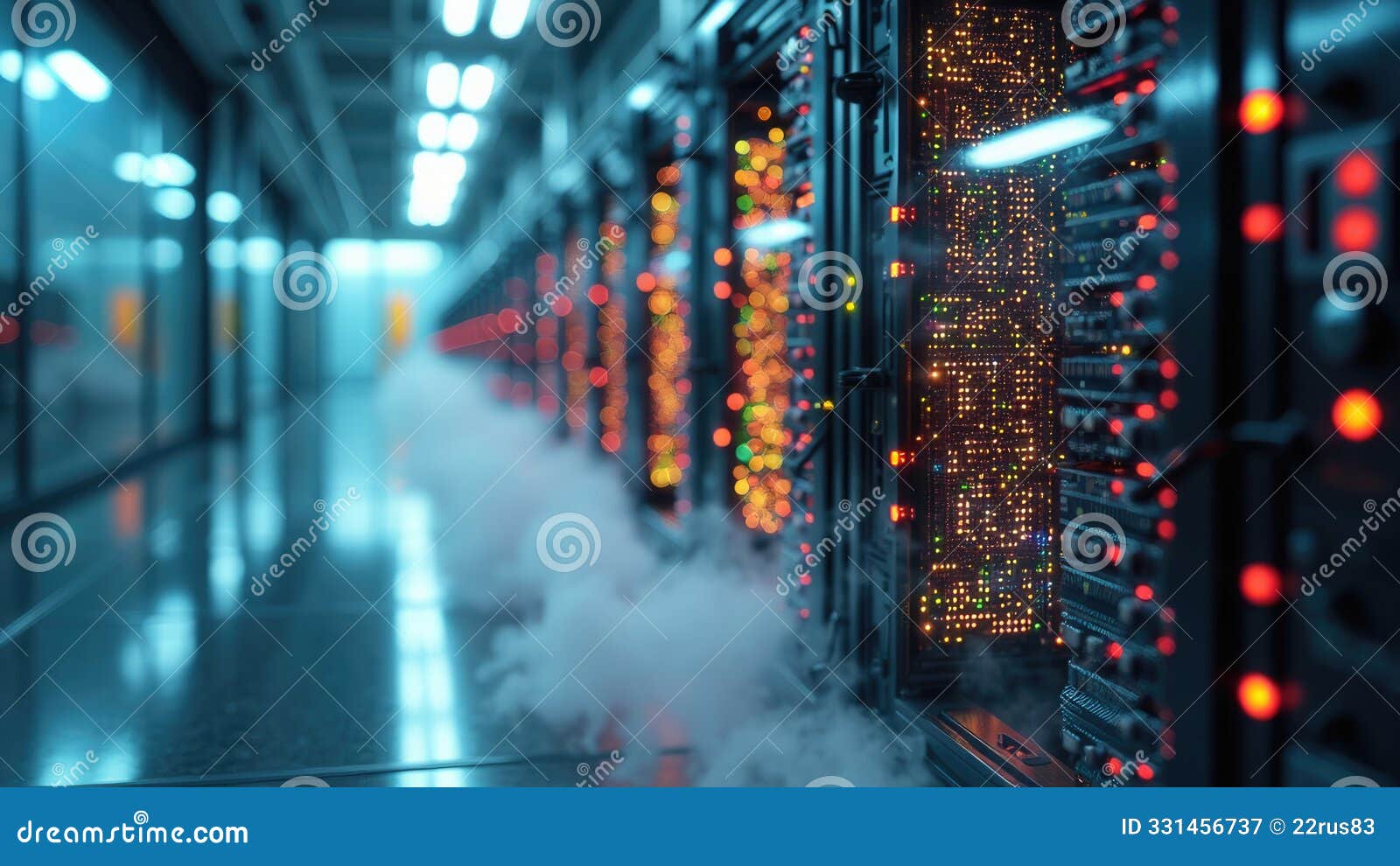 High-tech Server Room with Glowing Lights and Steam, Depicting Cutting ...