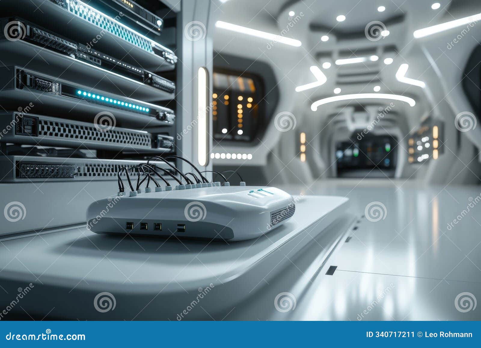 High Tech Server Room with Glowing Racks and Fiber Optic Cables ...