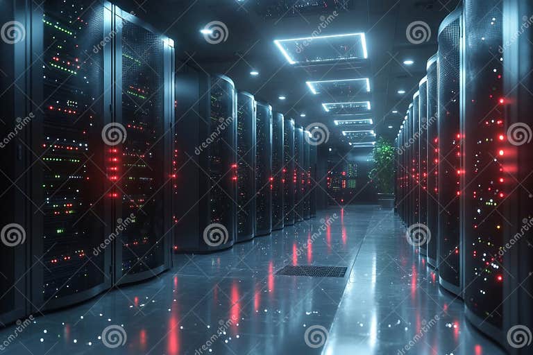 High-Tech Server Room with Green Details Stock Illustration ...