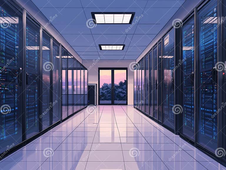 High Tech Server Room Illuminated Aisles Symbolizing Advanced Data Management Cloud Computing ...