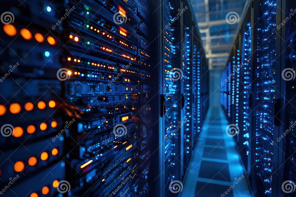 High Tech Server Room with Illuminated Data Servers and Connections ...