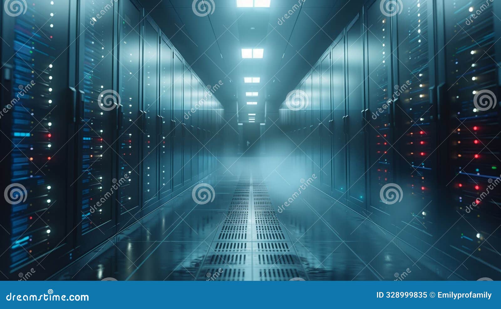 High-Tech Server Room with Illuminated Racks and Mysterious Fog in a ...
