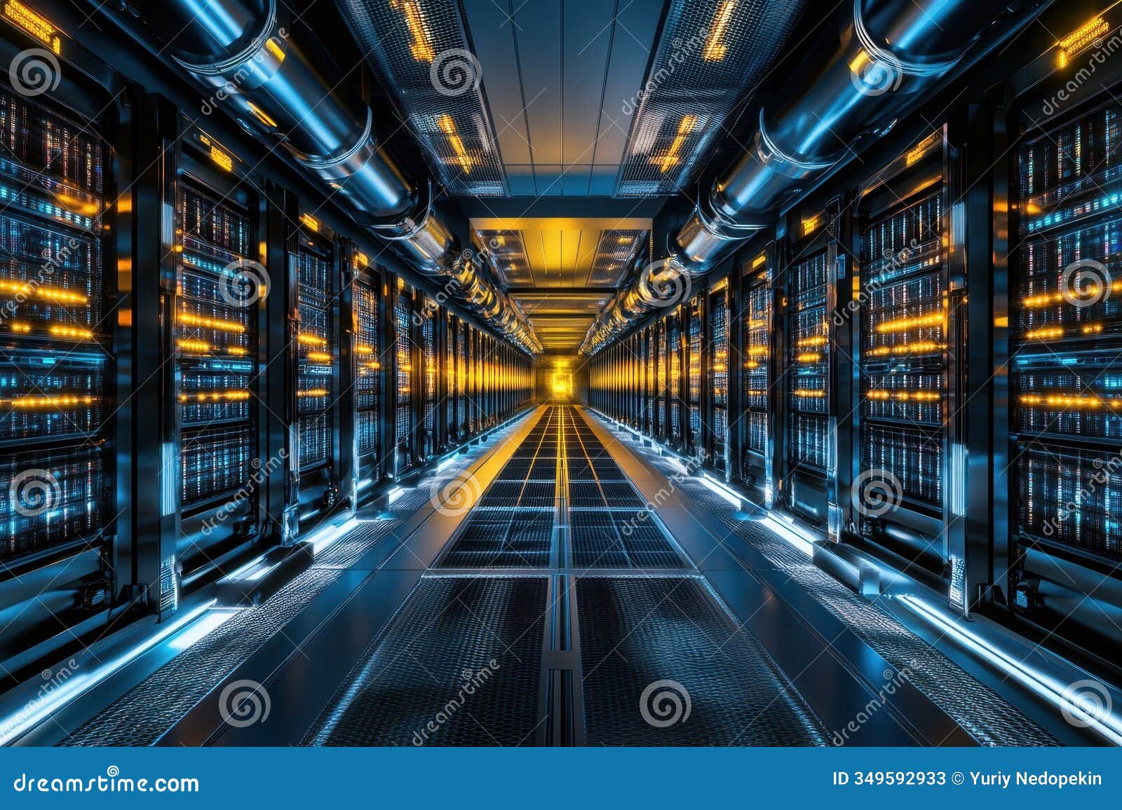 High-tech Server Room with Illuminated Rows of Data Storage Equipment ...