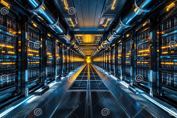 High-tech Server Room with Illuminated Rows of Data Storage Equipment ...