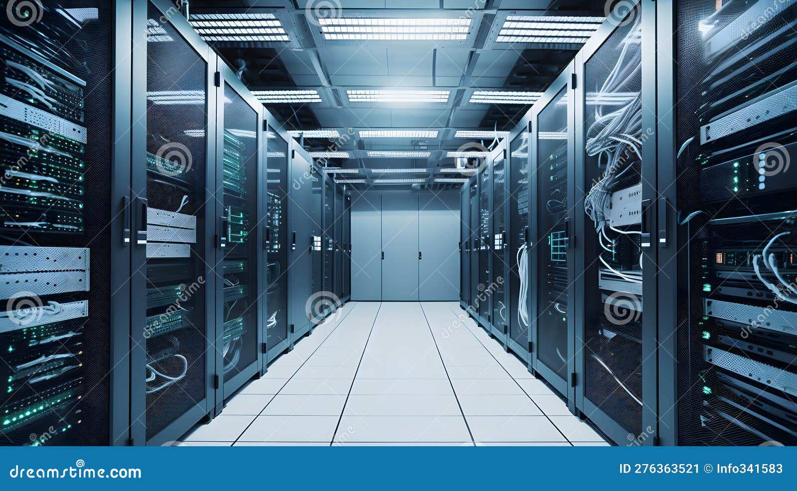 A High-tech Server Room with Multiple Racks and Cables One Created with ...