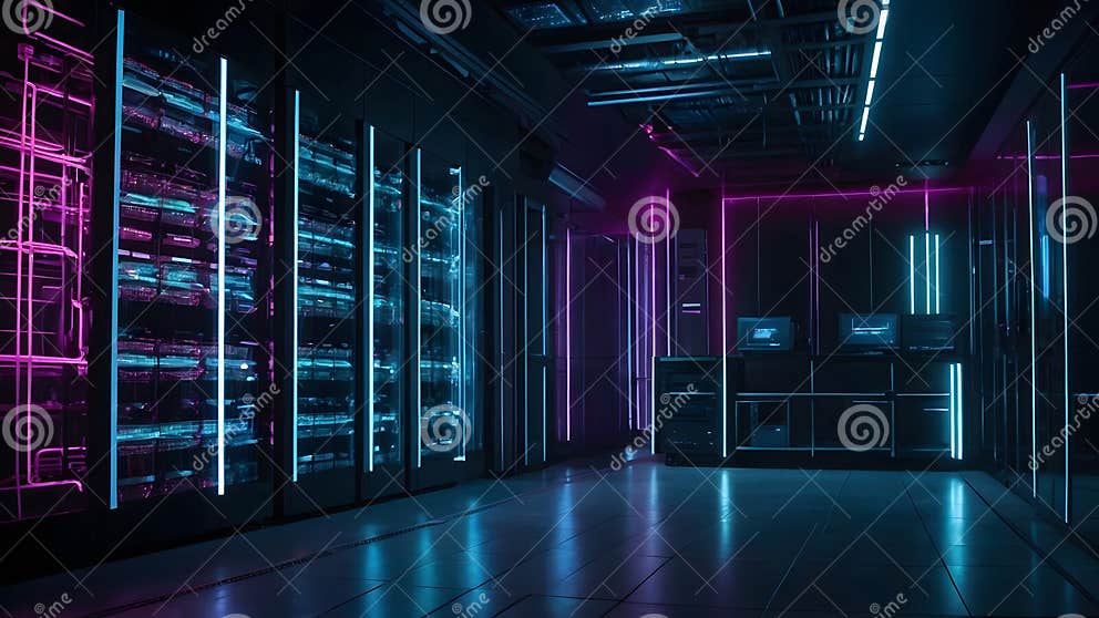 High-tech Server Room with Neon Lighting Showcasing Modern Data Storage ...