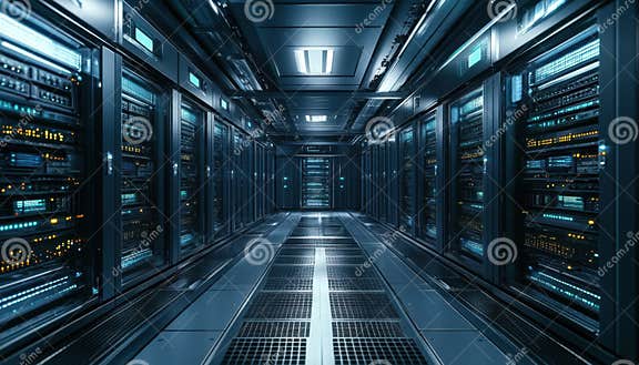 High-tech Server Room with Rows of Illuminated Servers and Cooling ...