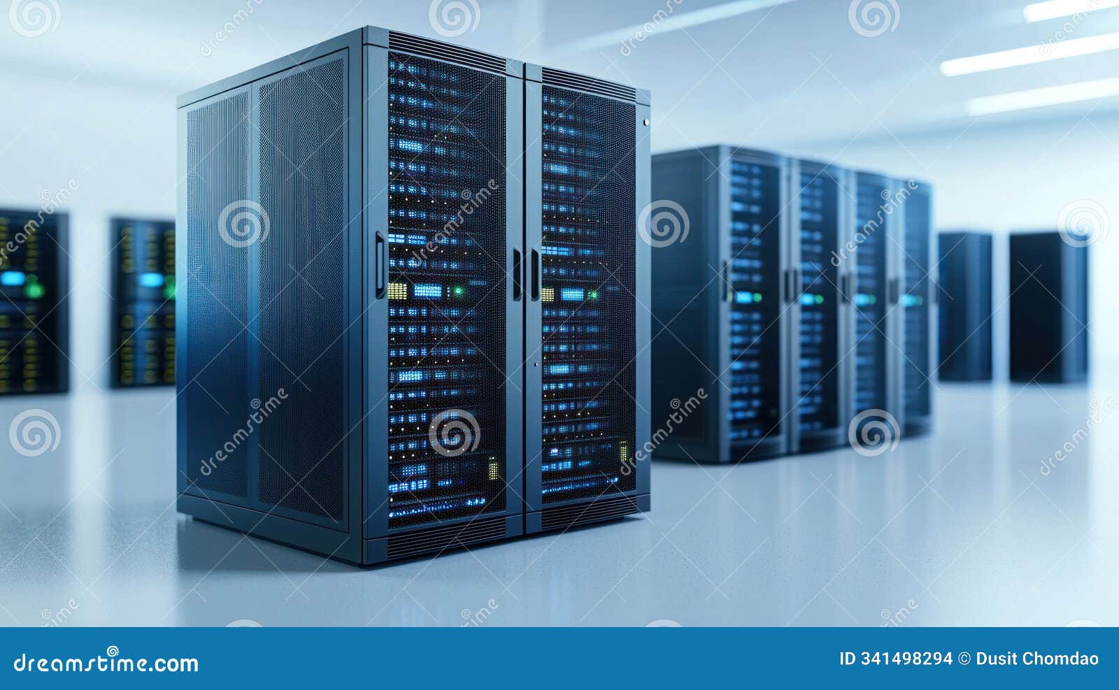 High Tech Server Setup with Multiple Racks Displaying Illuminated ...