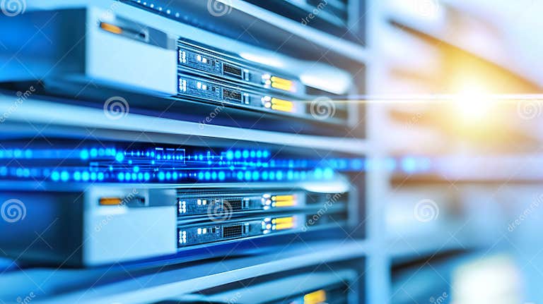 High Tech Servers Illuminated by Blue Lights Emphasize the Power of ...