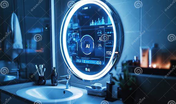 Futuristic Smart Mirror with AI Interface in Modern Bathroom Stock ...