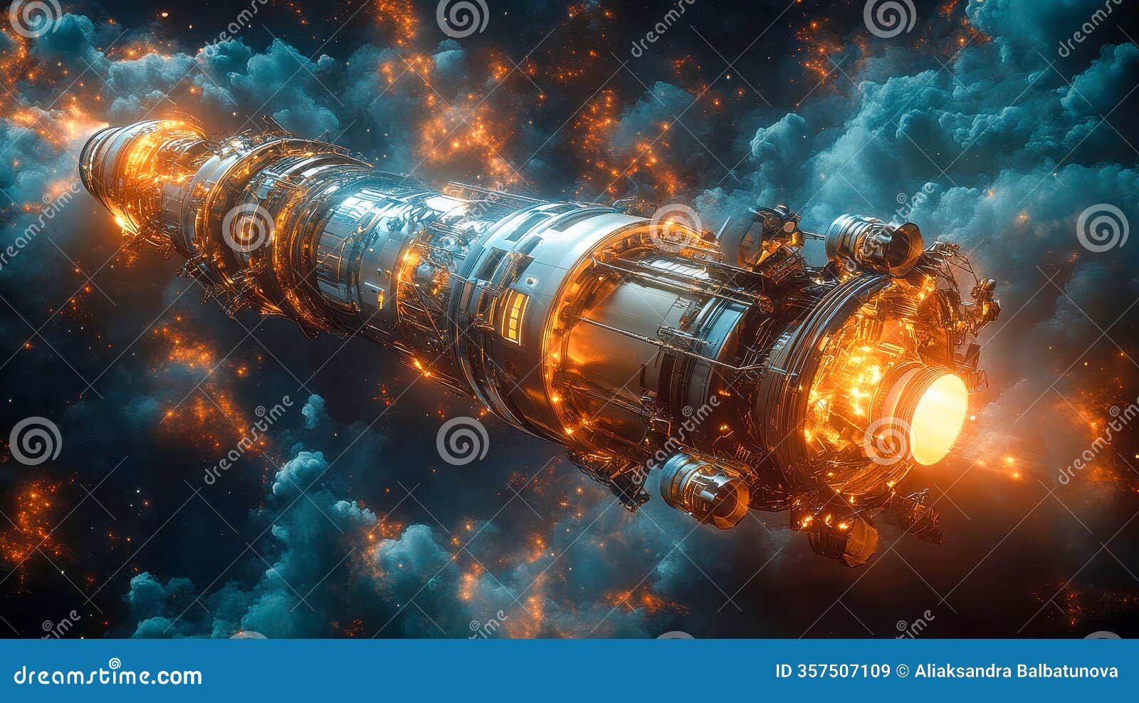 High-tech Space Rocket Engine Glowing with Bright Orange Flames Against ...