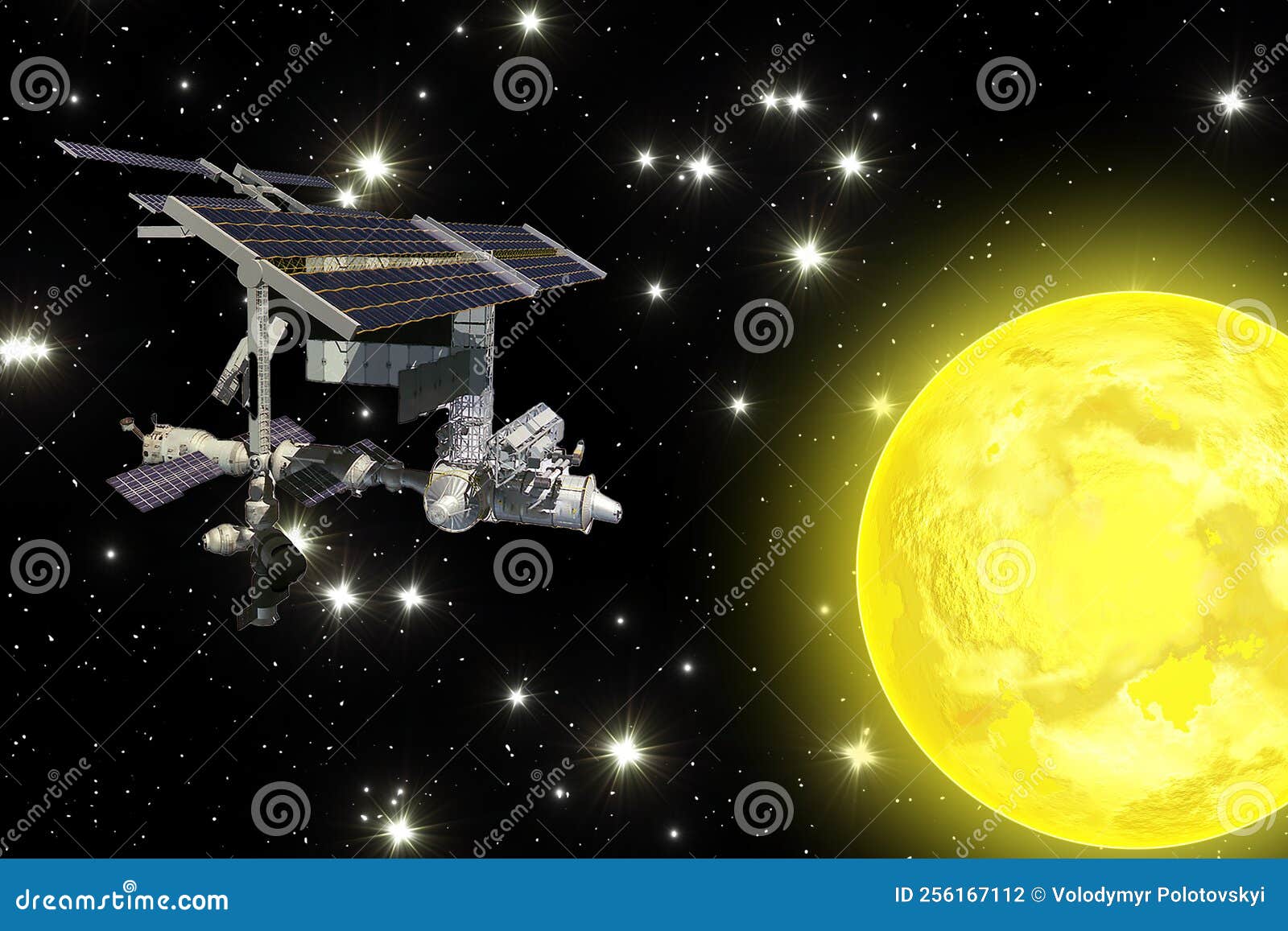 A High-tech Space Station Against a Bright Sun.the Elements of this ...