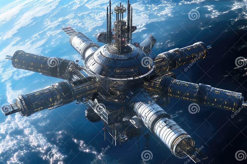 A High-tech Space Station Orbiting Earth Stock Photo - Image of ...