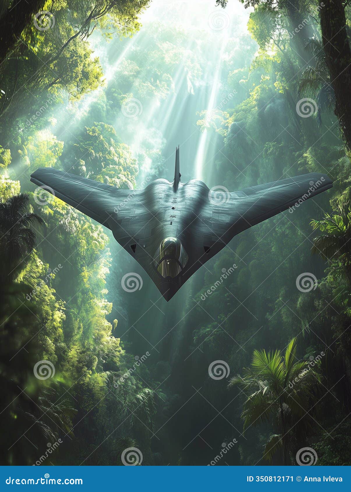 High-tech Stealth Bomber Soars Above Lush Jungle Canopy during Sunlight ...