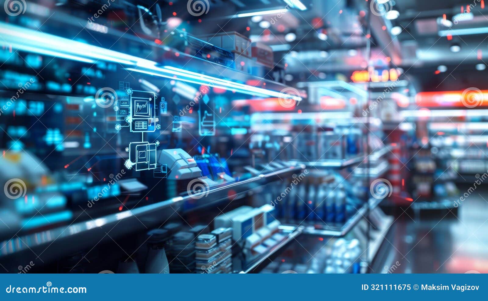 High-Tech Store Shelves with Digital Interfaces and Products ...