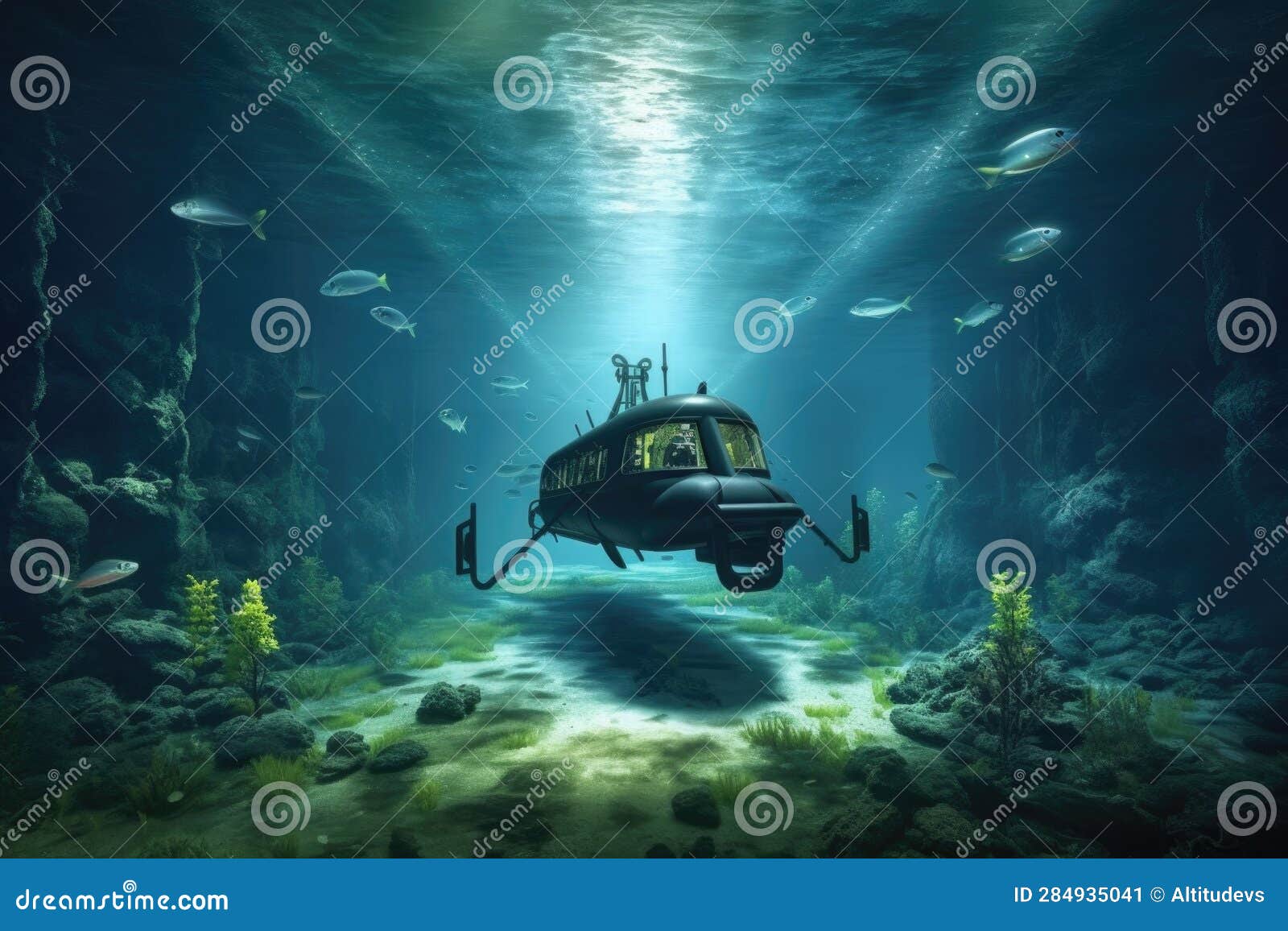 High-tech Submarine Emerging from Underwater Cave Stock Illustration ...
