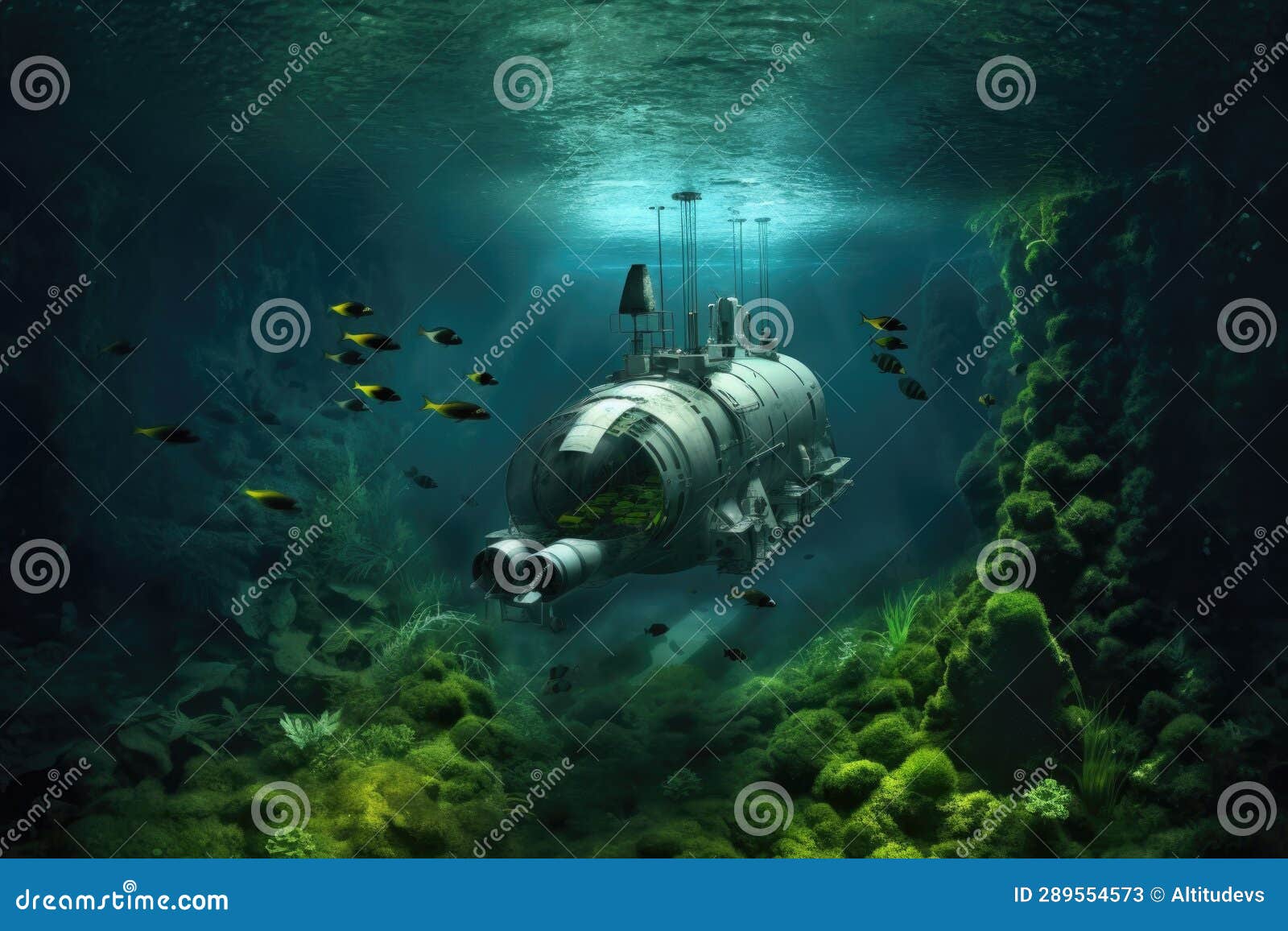 High-tech Submarine Emerging from Underwater Cave Stock Image - Image ...