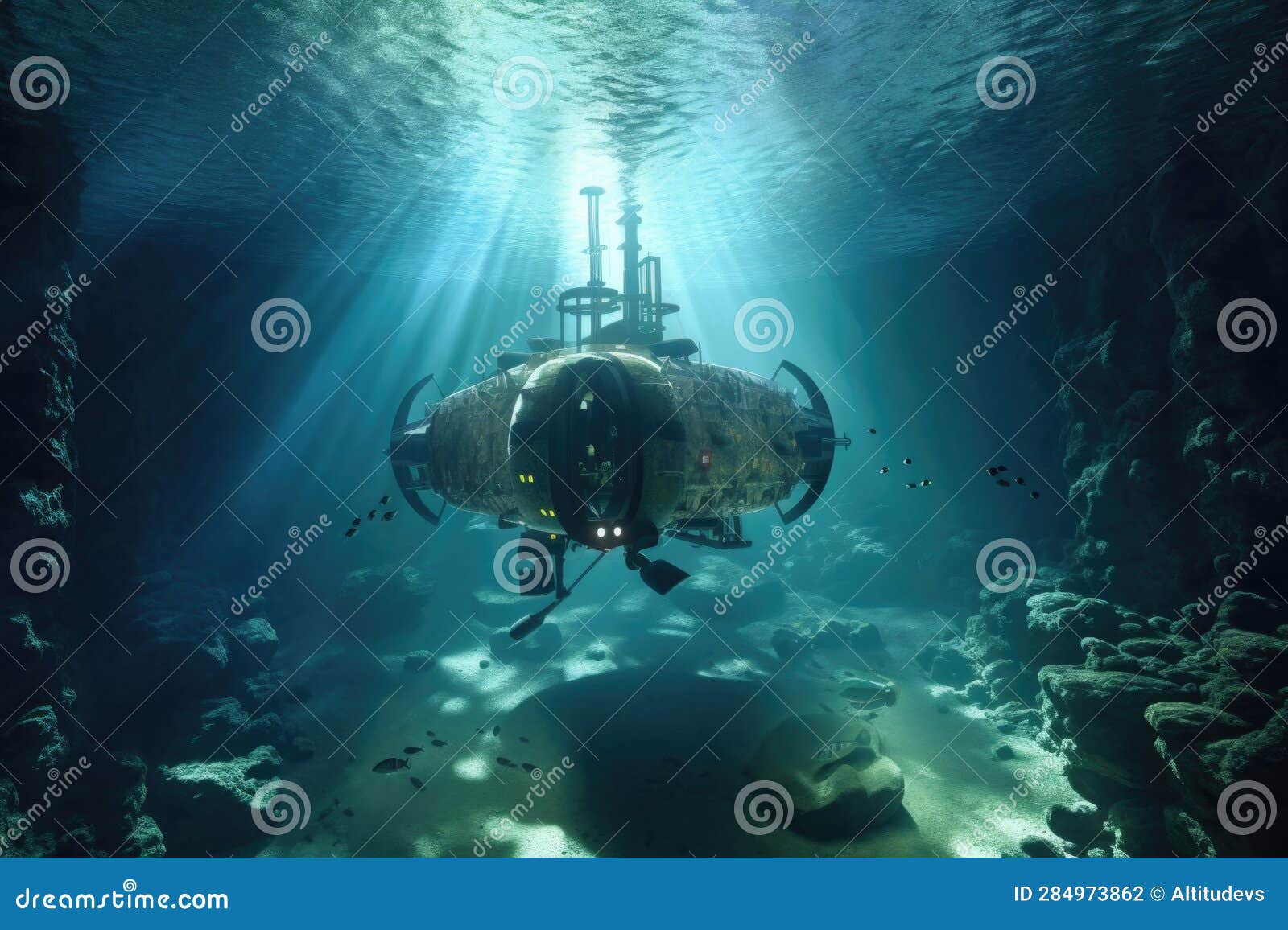 High-tech Submarine Emerging from Underwater Cave Stock Illustration ...