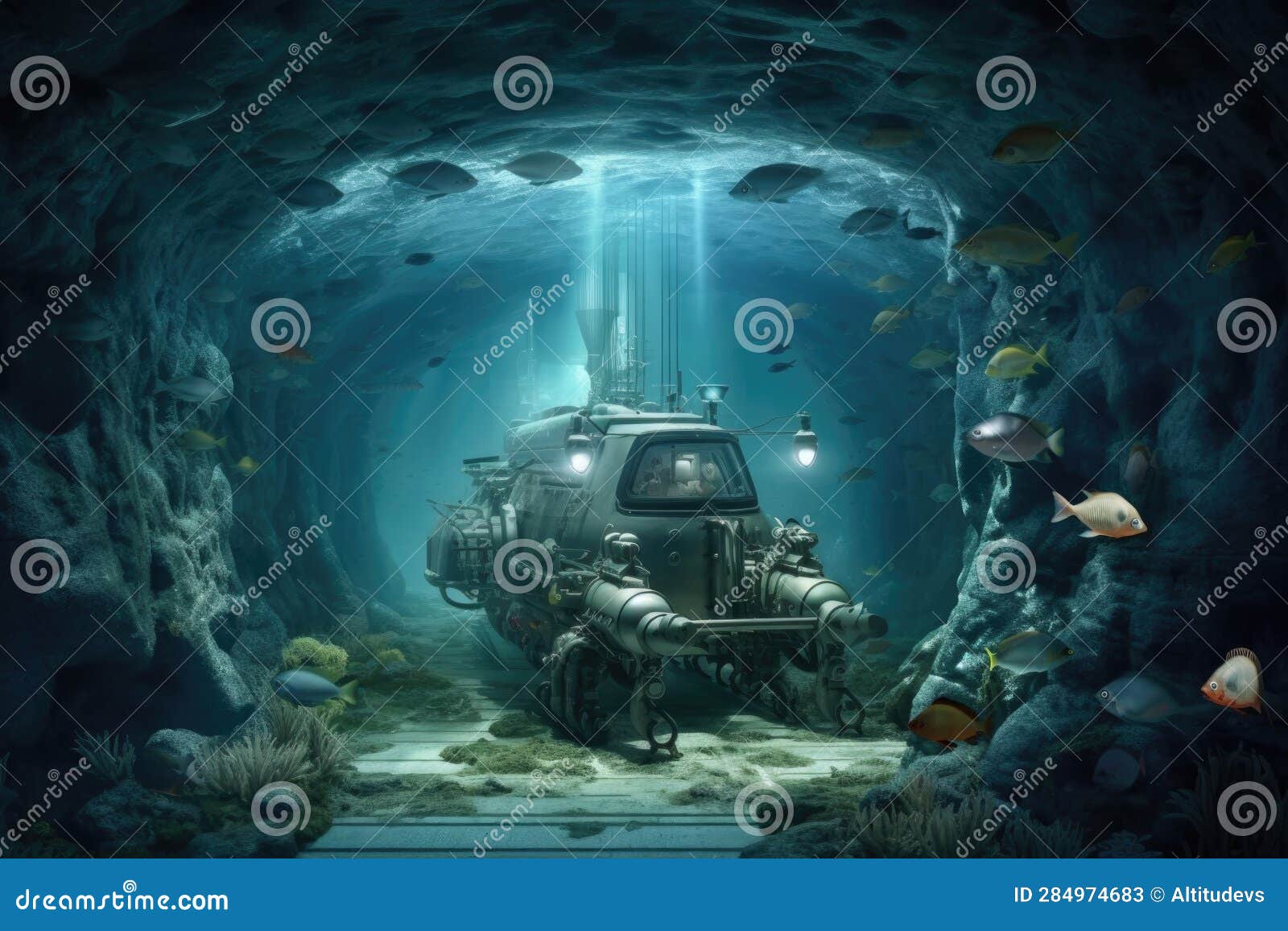 Submarine Navigating Through A Mysterious Underwater Cave. The Vessels ... Submarine Navigating Through A Mysterious Underwater Cave. The Vessels ...